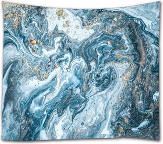 A.Monamour Wandteppiche Luxus Wei&szlig; Und Blau Gemischte Acrylfarben Goldenen Pudereffekt Marmor Textur Hintergrund Stoff Wandteppich Wanddekoration Wandbeh&auml;nge F&uuml;r