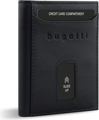Bugatti Secure Slim Mini Börse aus Leder mit RFID-Schutz, Slim Wallet, Kartenetui, schwarz Nappa