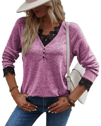 Onsoyours Damen Herbst Winter Pullover Oberteile Sexy Strickpullover Mode Einfarbig Sweater mit Spitze V-Ausschnitt Farbblock Langarmshirt Warm Pulli Jumper A R