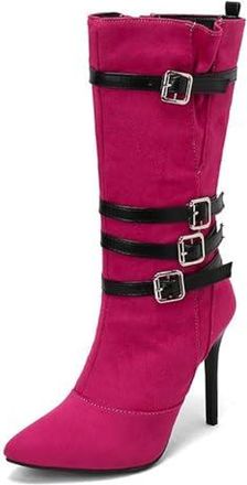 Generic Bottes tendance &agrave; enfiler pour femme - Bout pointu - Talon haut - Mi-mollet - Chaussures dhiver d&eacute;contract&eacute;es, rose rouge, 37.5 EU