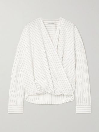 Dries Van Noten Blouse Oversize Effet Cache-coeur En Popeline De Coton À Fines Rayures - Blanc