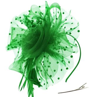 Dreshow Fascinators Hut Blume Mesh B&auml;nder Federn auf einem Stirnband und einem geteilten Clip Cocktail Tea Party Headwear f&uuml;r M&auml;dchen und Frauen,Grun,Einheits