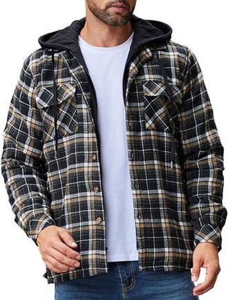Coofandy Veste-Chemise à Carreaux pour Homme Veste-Chemise à Capuche Chemise Thermique Veste dhiver Avec Doublure Matelassée Marron Noir M