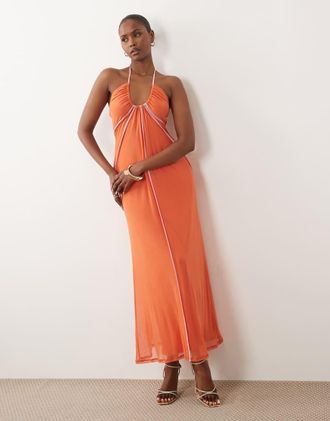 Asos Netzstoff-Maxikleid in Orange mit U-Ausschnitt und Neckholder