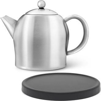 Bredemeijer gro&szlig;e matte doppelwandige Edelstahl Teekanne 1.0 Liter & Teebereiter ohne Filter & schwarzer Untersetzer aus Holz