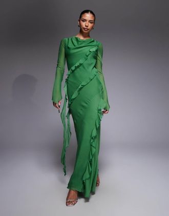 Daska Chiffon-Maxikleid in Zitronengelb mit R&uuml;schen-Gr&uuml;n