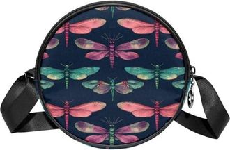 Generic Sac &agrave; bandouli&egrave;re rond pour femme, motif libellules avec fermeture &eacute;clair, bretelles r&eacute;glables, style d&eacute;contract&eacute;, pour femmes et filles