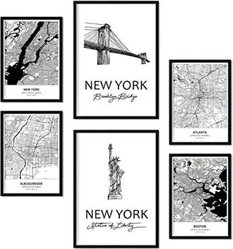 Nacnic Set 6 posters de USA. Affiches de cartes et monuments en noir et blanc pour votre maison, entreprise et bureau. D&eacute;coration int&eacute;rieure de style nordiqu