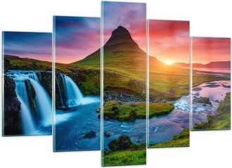 Arttor Mehrteilige Bilder auf Glas 150x100cm Glasbild Sonnenuntergang Wasserfall Island Vulkan Gro&szlig; XXL Wanddeko Schlafzimmer K&uuml;che Set 5 teilige Wandbilder 