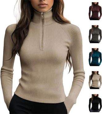 Generic Pull &agrave; col roul&eacute; c&ocirc;tel&eacute; pour femme - Couche de base thermique - Manches longues - Fermeture &eacute;clair, abricot, XXL