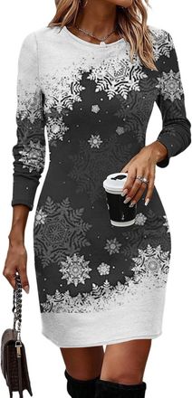 Onsoyours Weihnachtskleid Damen Weihnachtsdruck Pulloverkleid Langarm Rundhals Weihnachten Minikleid Schneeflocken Muster Partykleid Elegant Wickelkleid Slim Fi