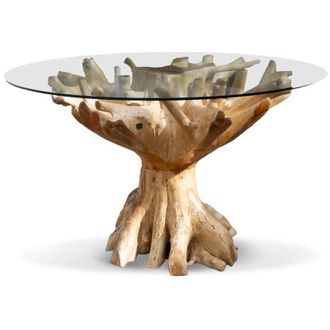 Les Tendances Table &agrave; manger ronde en racine de teck et verre tremp&eacute; RAKINA - &Oslash;130 et &Oslash;150cm 150 cm-Diam&egrave;tre 150 cm