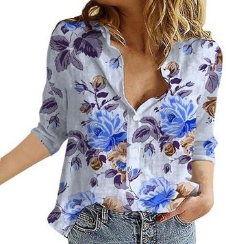 Generic Haut &agrave; manches longues &agrave; col en V pour femme - Chemisiers floraux &agrave; manches longues - Blouses et chemises de plage, hauts de vacances, hauts basiques 