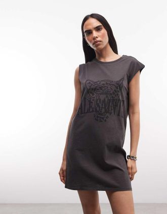 AllSaints Brooke - Robe t-shirt courte sans manches &agrave; logo Sun City - Gris d&eacute;lav&eacute;