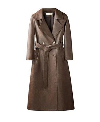 Generic Trench-coat en simili cuir pour femme - Veste longue dhiver double boutonnage &agrave; revers crant&eacute;, 2, M