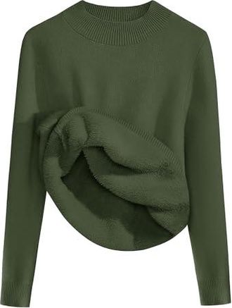 Zeagoo Pull chaud dhiver pour femme, col montant, manches longues, sweat thermique en polaire, pull en tricot doubl&eacute;, sweat-shirt chaud Sherpa, Vert arm&eacute;e., 
