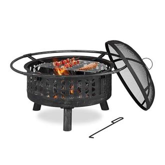 Relaxdays Feuerschale mit Grillrost & Funkenschutz, Sch&uuml;rhaken, Kohlerost, &Oslash; 75 cm, Feuerstelle Garten, schwarz/Silber