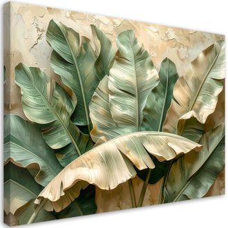 Feeby Quadro Su Tela, Foglie Tropicali Verdi E Beige - 100x70