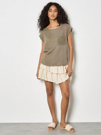 Apricot T-Shirt T-Shirt aus Leinenmischung mit H&auml;kel-Tasche