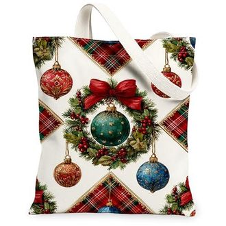 Generic Sacs fourre-tout en toile de No&euml;l, motif ornement de vacances, sacs r&eacute;utilisables, vintage, l&eacute;gers et lavables avec bandouli&egrave;re en toile pour cadeaux 