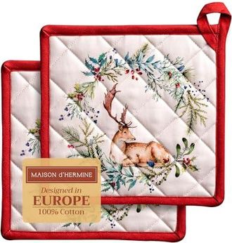 Maison d'Hermine Holly Time Lot de 2 maniques 100% Coton avec Boucle r&eacute;sistante &agrave; la Chaleur pour Barbecue, Cuisson, Grillage, Micro-Ondes, Barbecue, Thanksgiving/No&euml;l