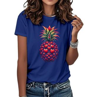 Generic T-shirt hawa&iuml;en pour femme - Coeur ananas | Col rond hawa&iuml;en graphique - Hauts d&eacute;t&eacute; - pour la plage et les voyages, bleu, 3XL