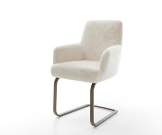 DELIFE Freischwinger Heira-Flex mit Armlehnen Plüsch Creme-Weiß Freischwinger flach Effektfinish Titan Taschenfederkern, Esszimmerstühle