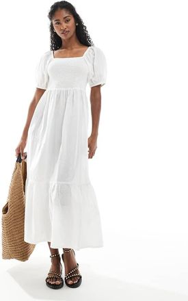 Accessorize Accesorize - Robe fronc&eacute;e &agrave; manches bouffantes avec d&eacute;tail brod&eacute; - Blanc