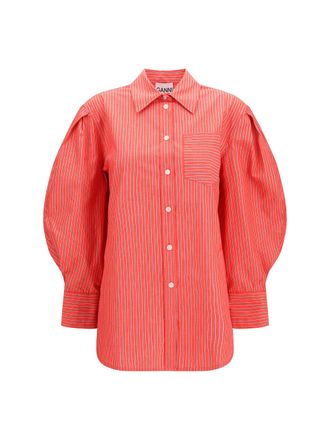 Ganni Striped Cotton with Balloon Sleeves Shirt - Red