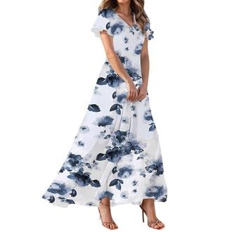 Generic Robe maxi pour femme avec motif floral - Manches courtes - Robe longue fluide - Col en V - Ligne A - Bleu - &Eacute;l&eacute;gante, bleu, 3XL