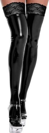 Feoya Dentelle Haut PU Cuir Bas Autofixants Femmes Grande Taille Bas Autofixant Femme Sexy Lingerie Clubwear Cosplay Sous-v&ecirc;tements Noir XXL