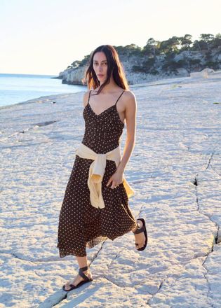 Mango Robe &agrave; pois avec d&eacute;collet&eacute; fronc&eacute; chocolat - Femme - XXS - MANGO