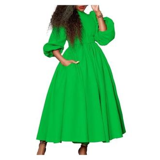 Generic Robe Maxi Élégante Pour Femme Mode Mock Cou Long Manches Puff Taille Haute A-ligne Grandes Swing Maxi Robes Robes De Fête Formelles Avec Belt(Green,2X