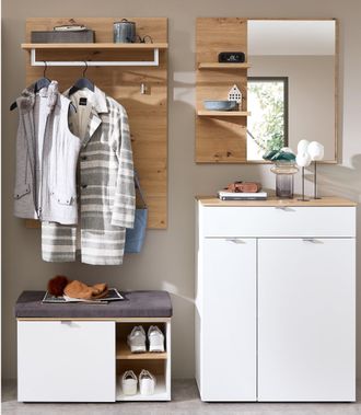 Möbelando Garderoben-Set >Bari< (4-teilig) Weiss matt/Eiche - 158x200x38cm (BxHxT)