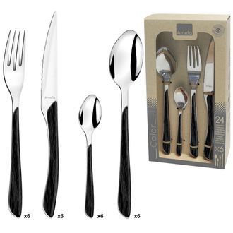 Amefa ECLAT Besteck Set NATURE Schwarz Holz Essbesteck 24-teilig für 6 Personen Edelstahl rostfrei Kunststoff-Griffschalen in Holzoptik spülmaschinenfest Be