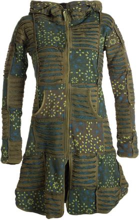 vishes Alternative Bekleidung - warmer Elfen Patchworkmantel aus Baumwolle mit Fleecefutter und Kapuze olive 40-42