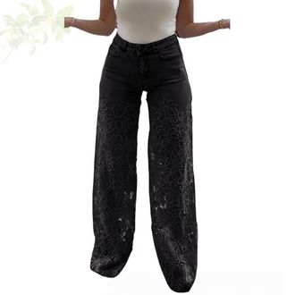 Generic Jean creux en dentelle patchwork pour femme, d&eacute;contract&eacute;, vintage, baggy droit, jambe large, pantalon en denim, pantalon creux floral, Noir, XXL