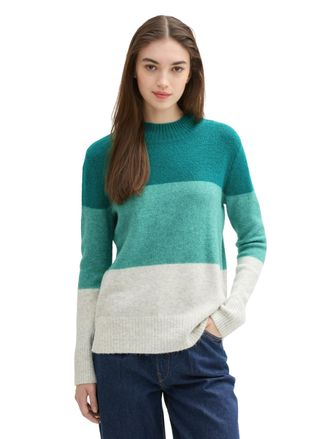 Tom Tailor Damen Strickpullover mit Streifen-Muster, 36480 - Green Beige Colorblock, S