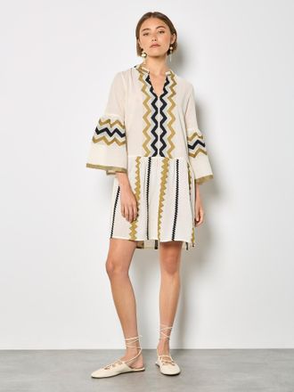 Apricot Embroidered Chevron Stripe Lightweight Mini Dress