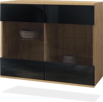 Vladon Kommode Bari V3, Moderner K&uuml;chenschrank mit 2 gro&szlig;en Glast&uuml;ren Eiche Evoke/Schwarz Hochglanz (92,5 x 73.5 x 35)