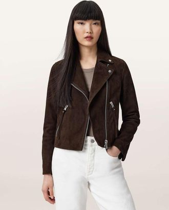 AllSaints Dalby - Bikerjacke aus Wildleder in Fango-Braun-Brown