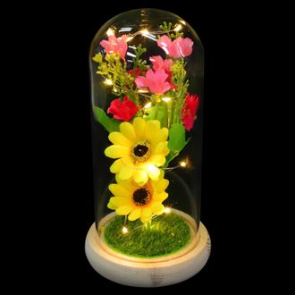 OSALADI Romantische LED Sonnenblume mit Glasglocke Langlebige K&uuml;nstliche Blumendekoration f&uuml;r Valentinstag und Fest mit Holzsockel Bruchfest und Detailreich G