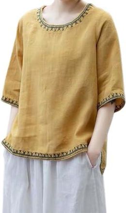 Generic Tunique brod&eacute;e en dentelle boh&egrave;me pour femme - Tunique d&eacute;t&eacute; florale 2025 - Blouses indiennes &agrave; volants pour femmes &acirc;g&eacute;es - Printemps vintage - Lin - C