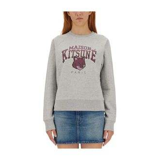 Maison Kitsun&eacute; SweaT-shirt en coton imprim&eacute; logo - Femme - Sweatshirts et sweats &agrave; capuche - Gris - Taille: 38 FR