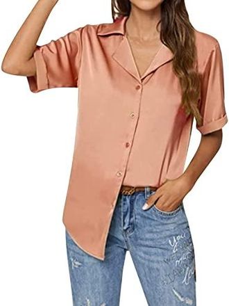 Generic T-shirts et chemisiers pour femme - Haut &agrave; manches courtes confortable - Chemise boutonn&eacute;e &agrave; manches courtes - Couleur unie - Chemise surdimensionn&eacute;e 