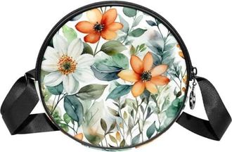 Generic Sac &agrave; bandouli&egrave;re rond pour femme, motif fleurs et feuilles, sac &agrave; dos avec fermeture &eacute;clair, bretelles r&eacute;glables, sac &agrave; main rond d&eacute;contract&eacute; pour fe