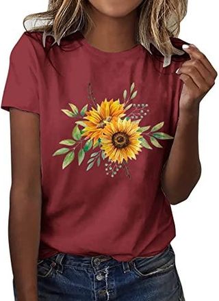 Generic T-shirt imprim&eacute; ample &agrave; manches courtes et col rond pour femme, bordeaux, XXL