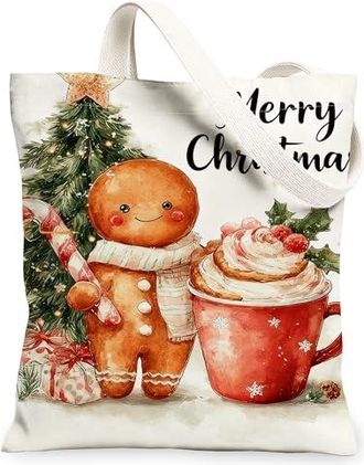 Generic Sacs fourre-tout en toile de pain d&eacute;pice de No&euml;l, sacs r&eacute;utilisables, vintage l&eacute;gers et lavables avec bandouli&egrave;re, blanc, 13x15 Inch