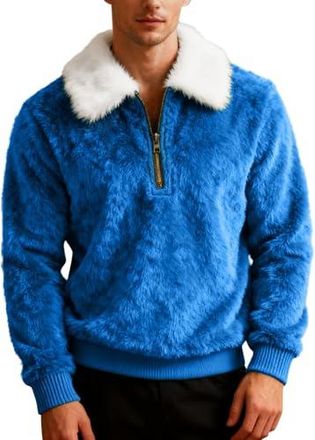 Generic Pull de Noël à fermeture éclair quart de tour pour homme - Pull de Noël double face en polaire à revers en peluche - Pull dhiver chaud à manches longu