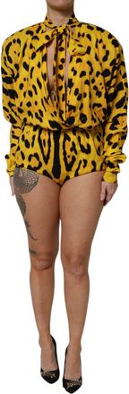 Dolce & Gabbana Womens Yellow Leopard Long Sleeves Jumpsuit Dress Silk Elastane Polyester